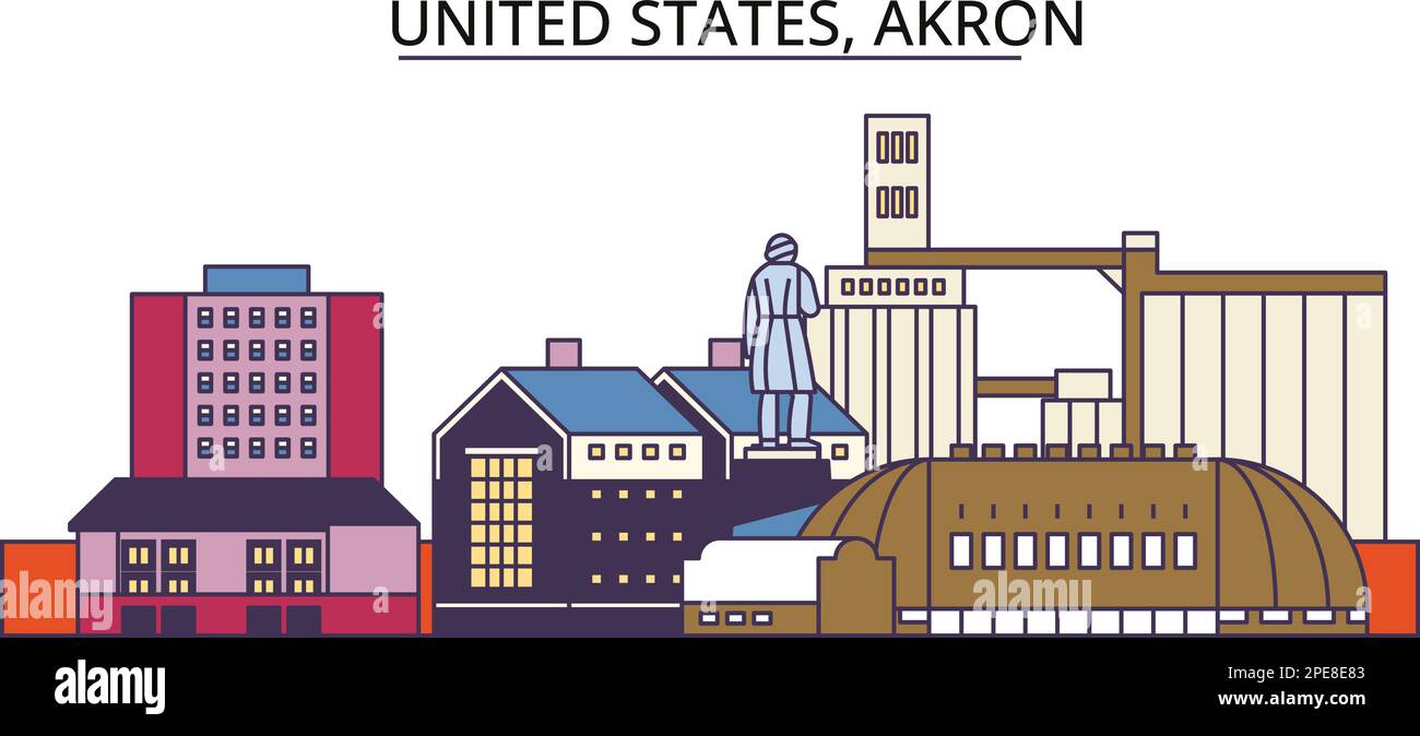 United States, Akron tourism landmarks, vector city travel illustration ...