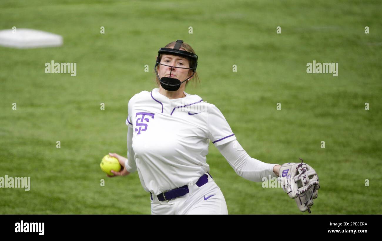 St Thomas pitcher Grace Bennett throws during an NCAA softball game ...