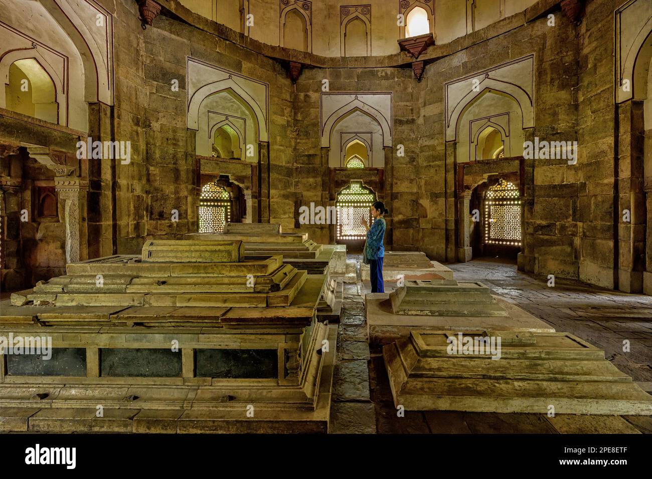 Standing inside the tomb chamber, consisting of six tombs, of the Isa Khan Niyazi mausoleum ...