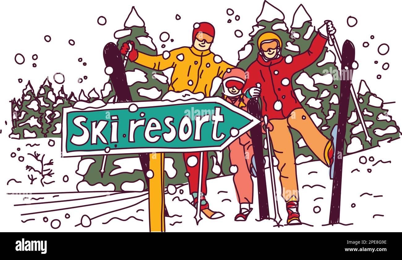 Happy family skiers snow winter resort vacation isolated. Color vector ...