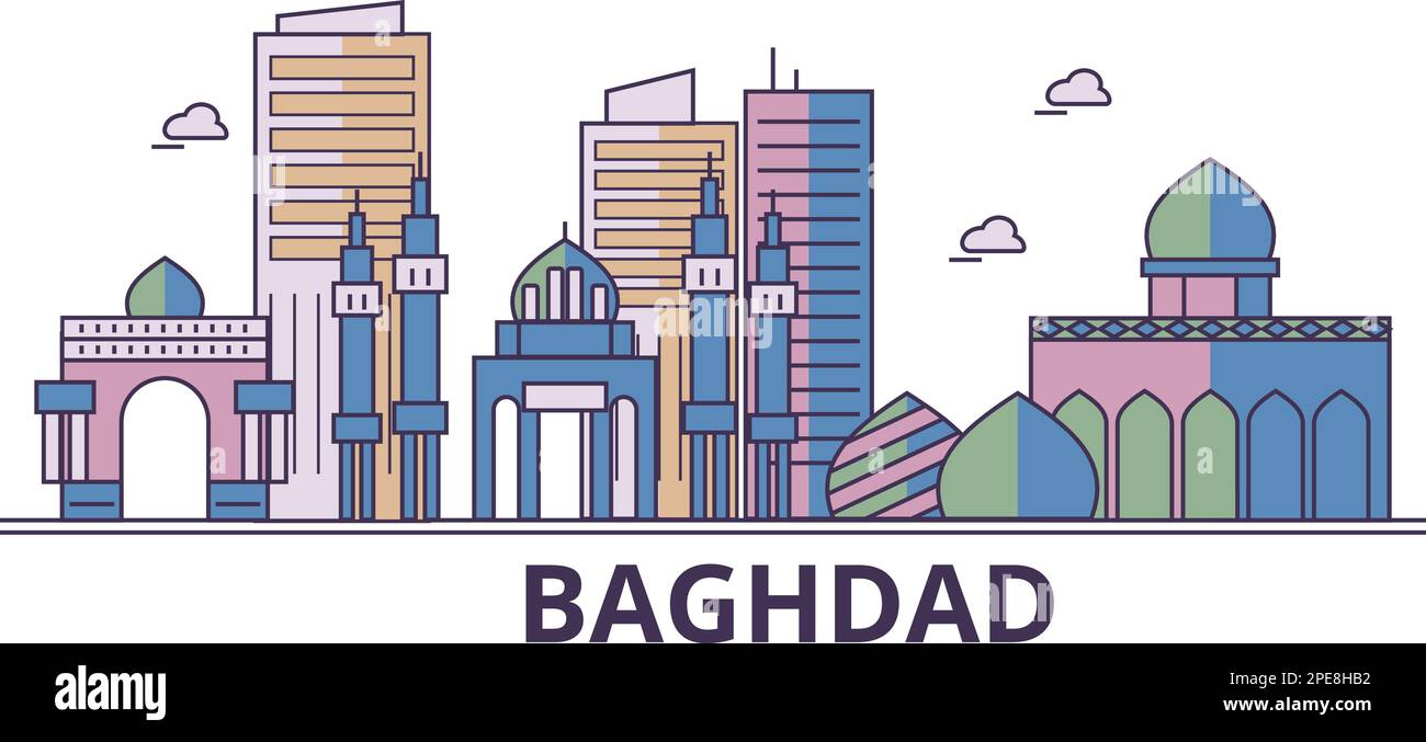 Iraq, Baghdad tourism landmarks, vector city travel illustration Stock ...