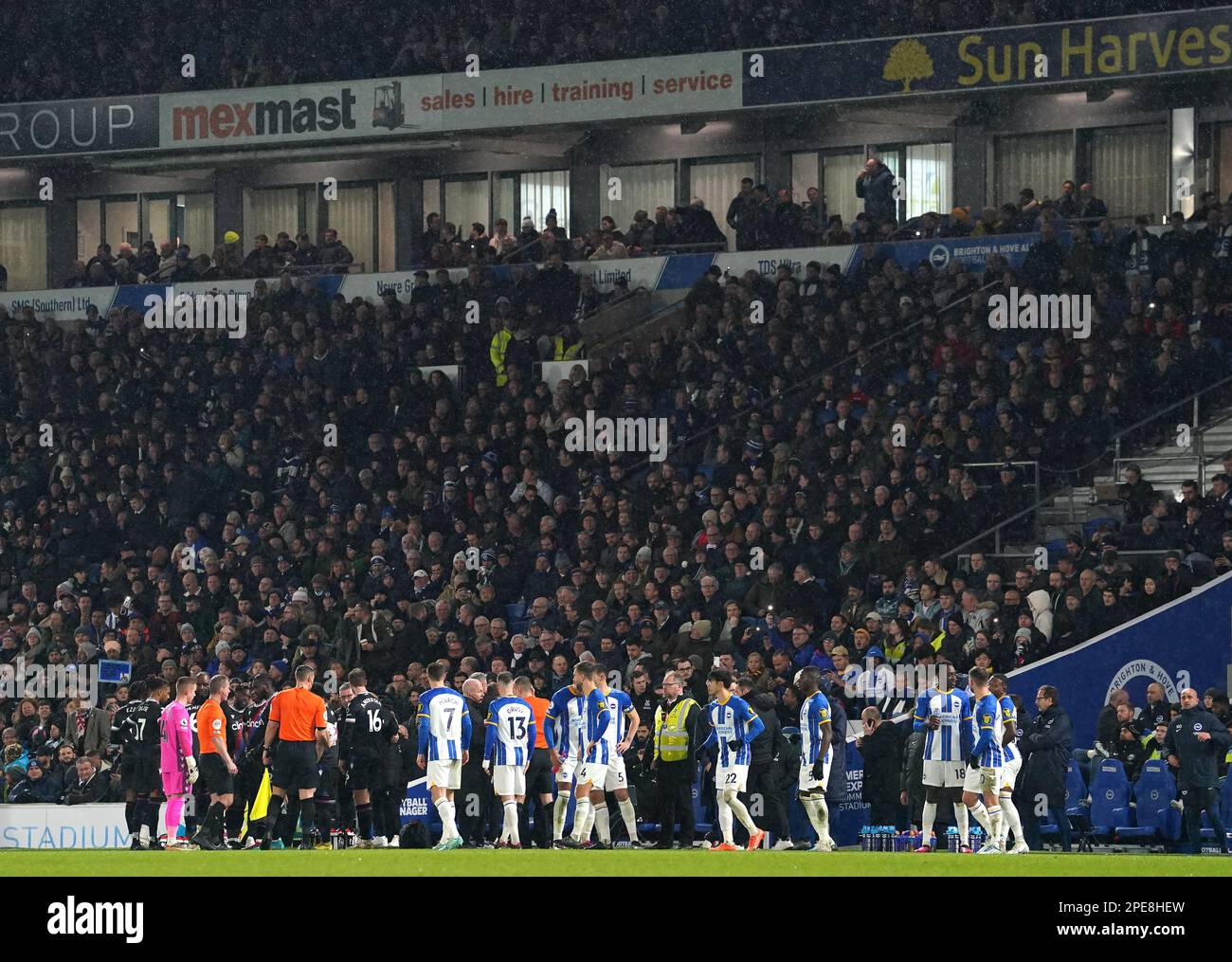 Players and officials stop play as the scoreboard malfunctions during ...