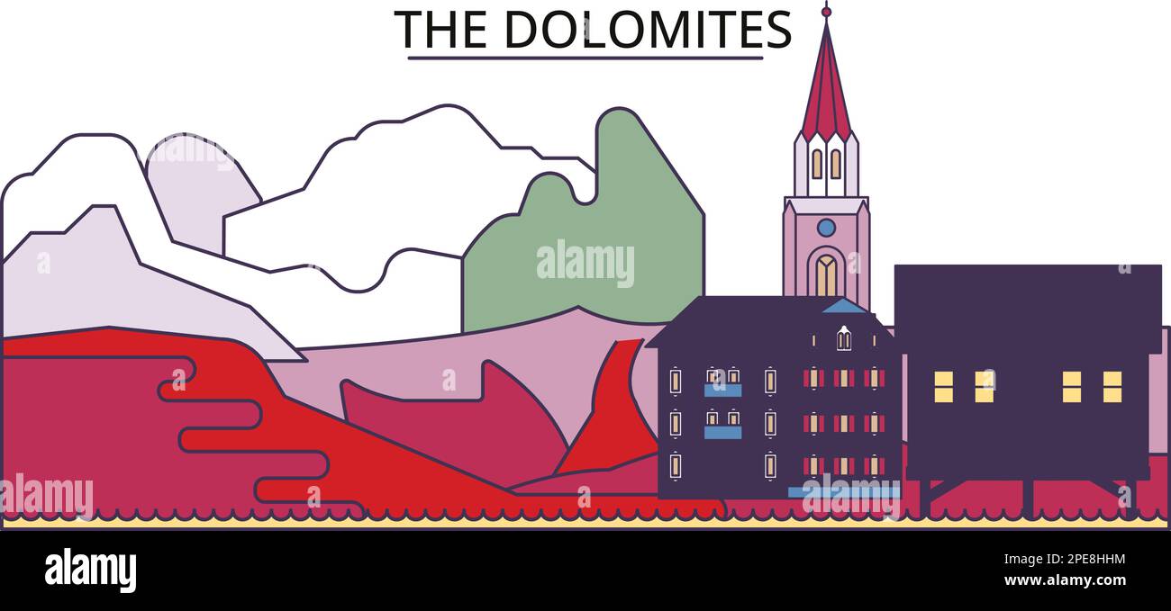 Italy, The Dolomites tourism landmarks, vector city travel illustration ...