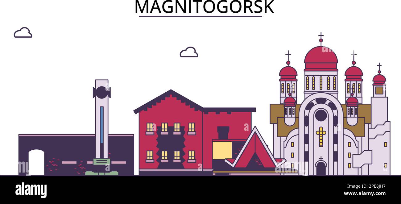 Russia, Magnitogorsk tourism landmarks, vector city travel illustration ...