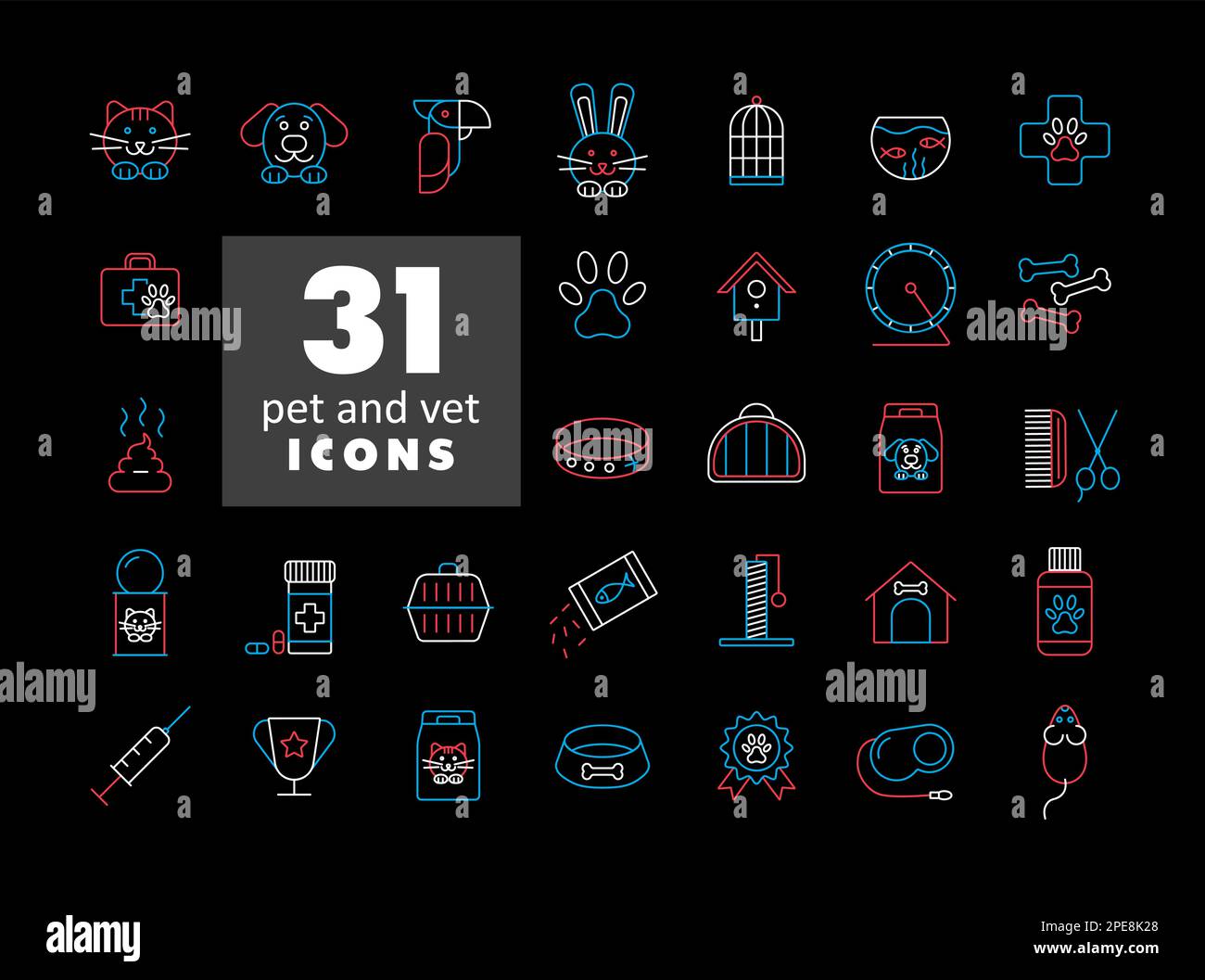 Pet and vet vector icon set on black background. Graph symbol for pet ...