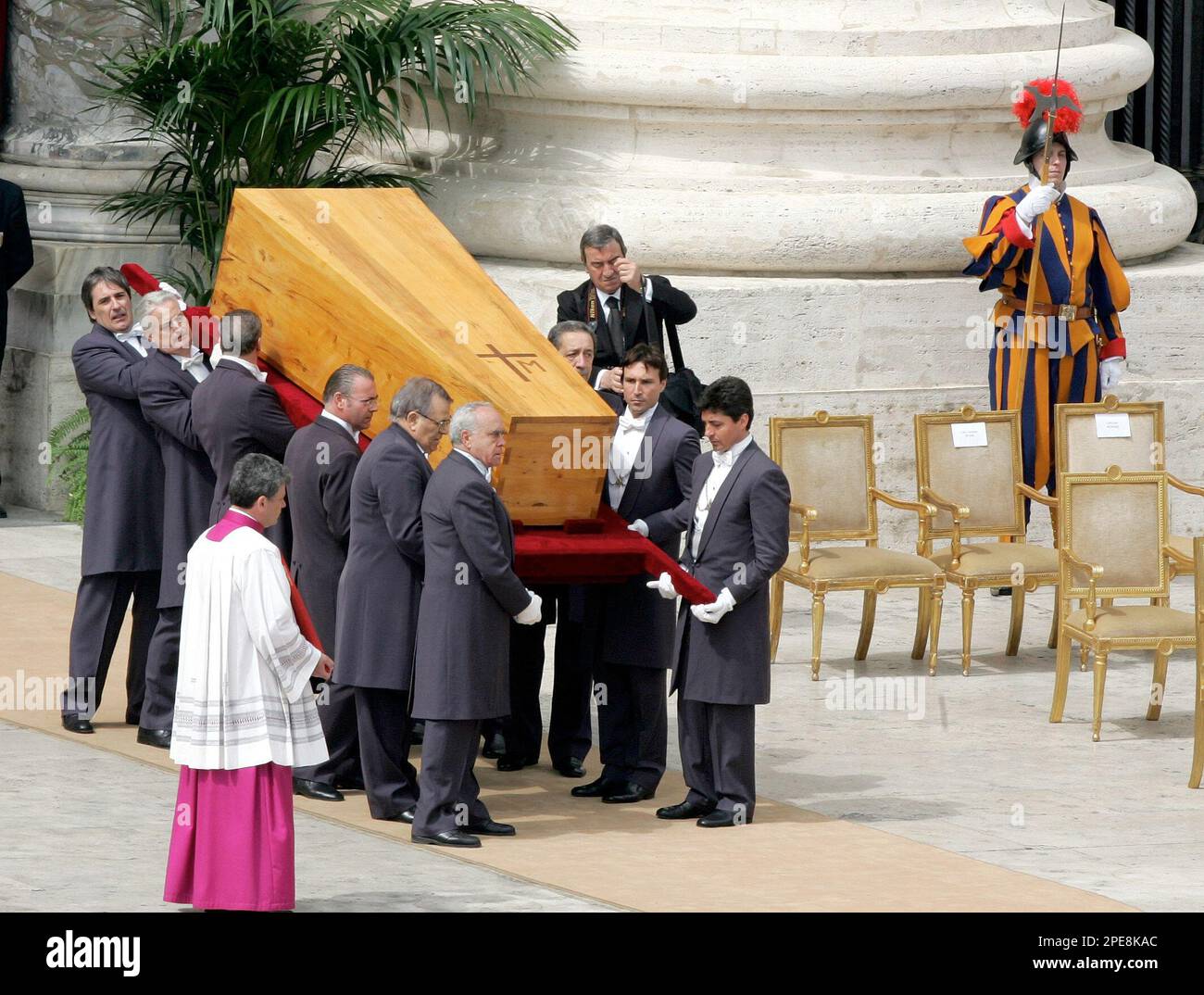 Pope John Paul II's coffin is showed to the faithful at the end of the ...