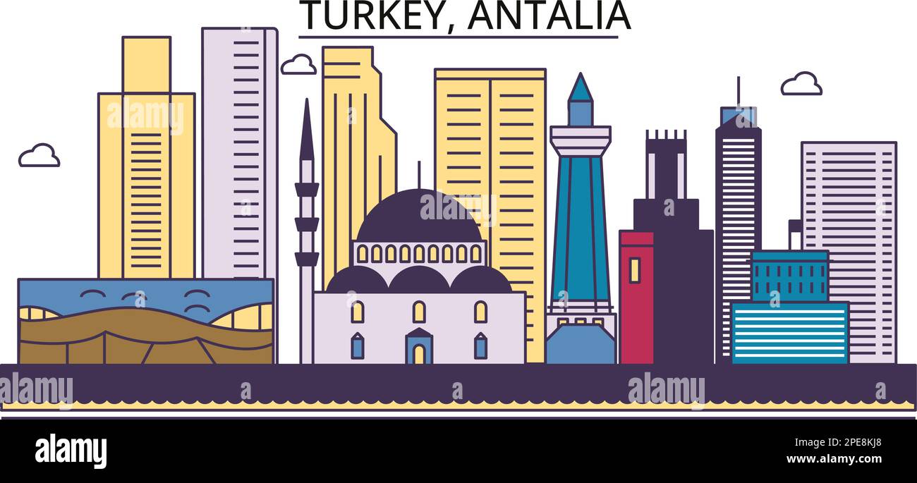 Turkey, Antalia tourism landmarks, vector city travel illustration ...