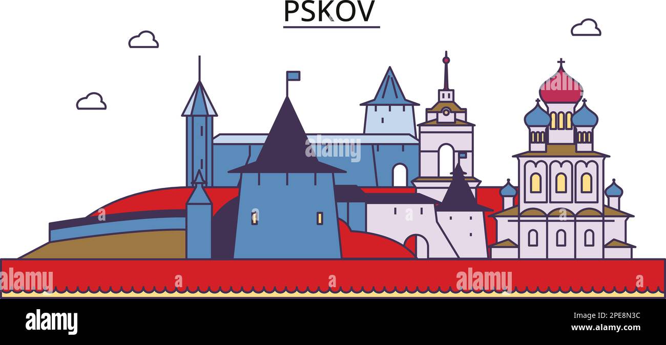 Russia, Pskov tourism landmarks, vector city travel illustration Stock ...