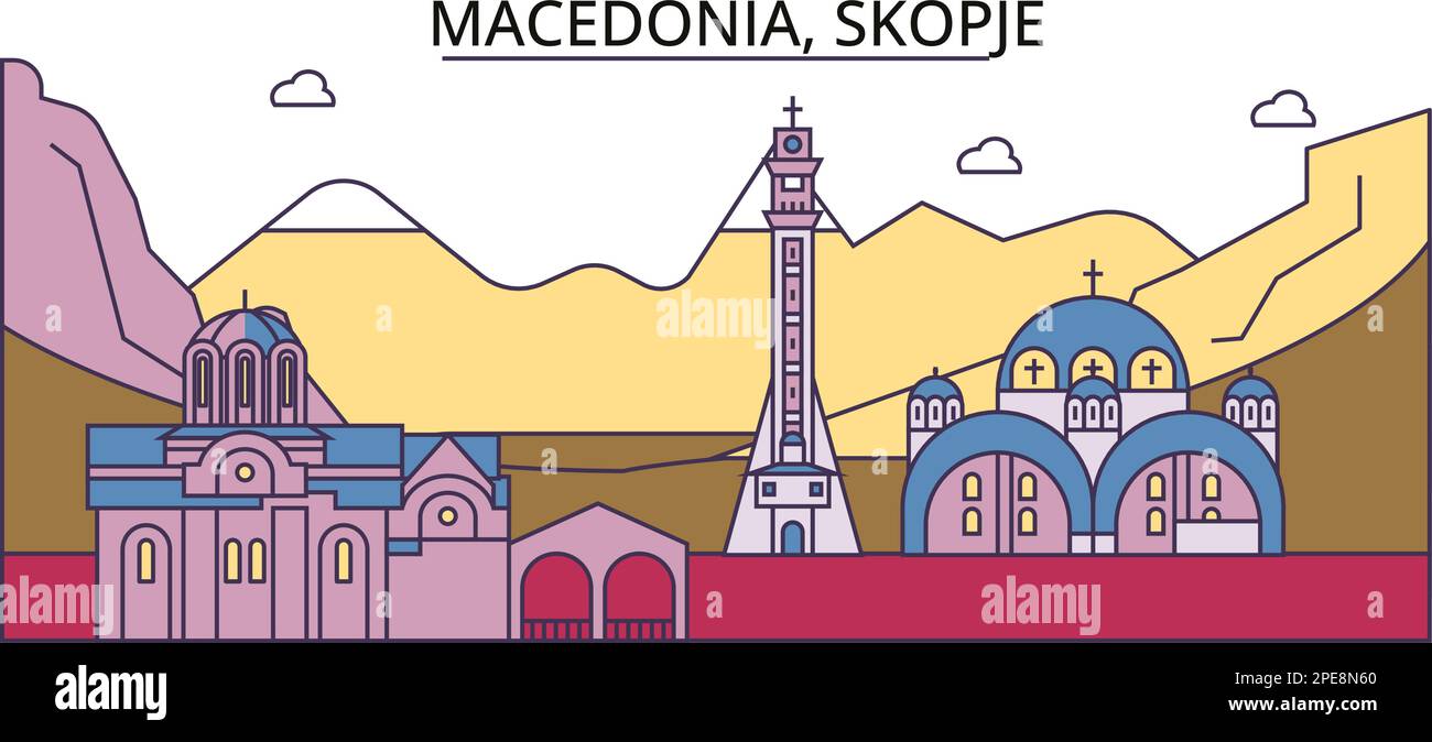 Macedonia, Skopje tourism landmarks, vector city travel illustration ...