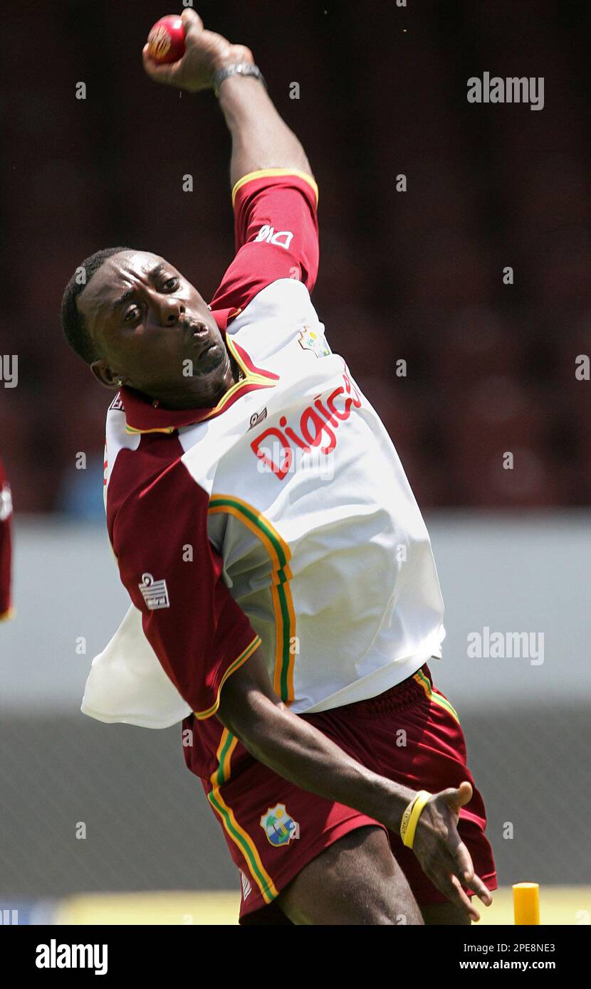 West Indies fast bowler Pedro Collins makes a delivery during a ...