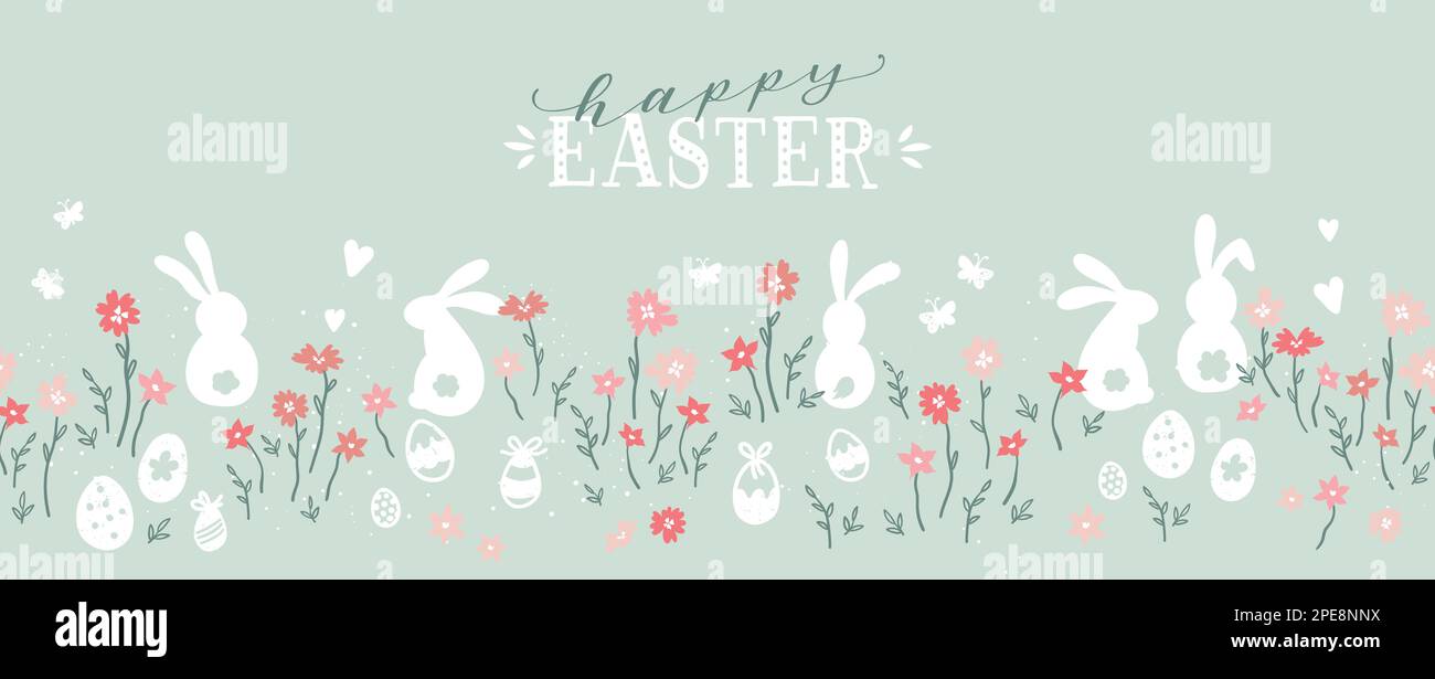 Cute hand drawn easter bunnies horizontal seamless pattern, easter ...