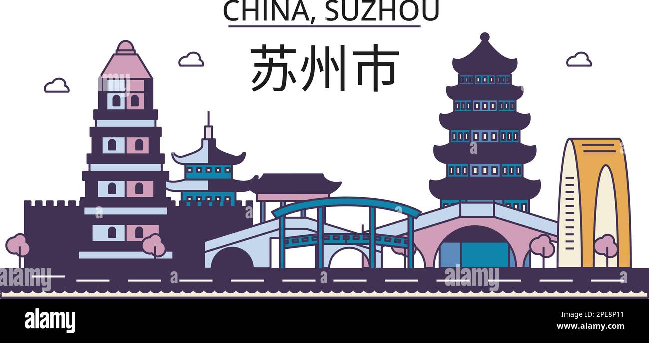 China, Suzhou tourism landmarks, vector city travel illustration Stock ...