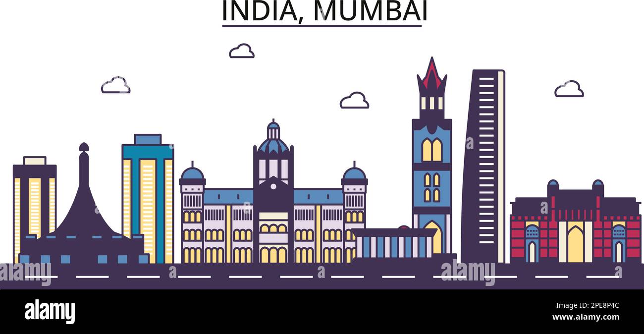 India, Mumbai tourism landmarks, vector city travel illustration Stock ...