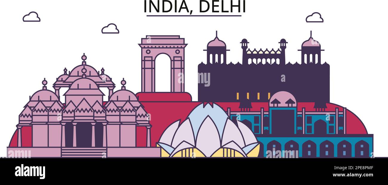 India, Delhi tourism landmarks, vector city travel illustration Stock ...