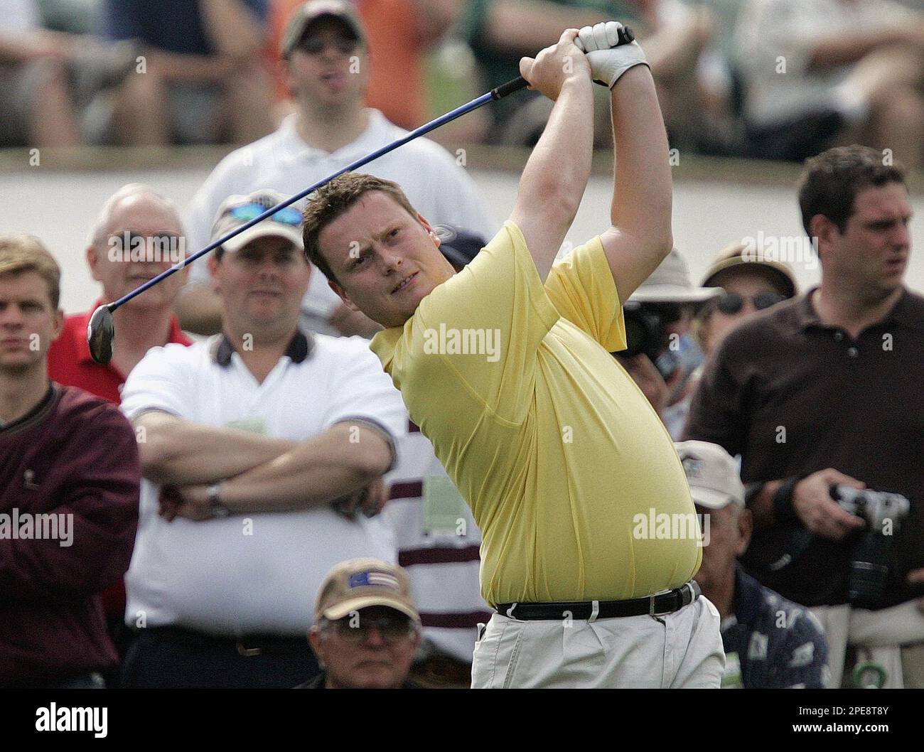 Stuart Wilson, from Scotland, hits on the 3rd hole during practice at ...