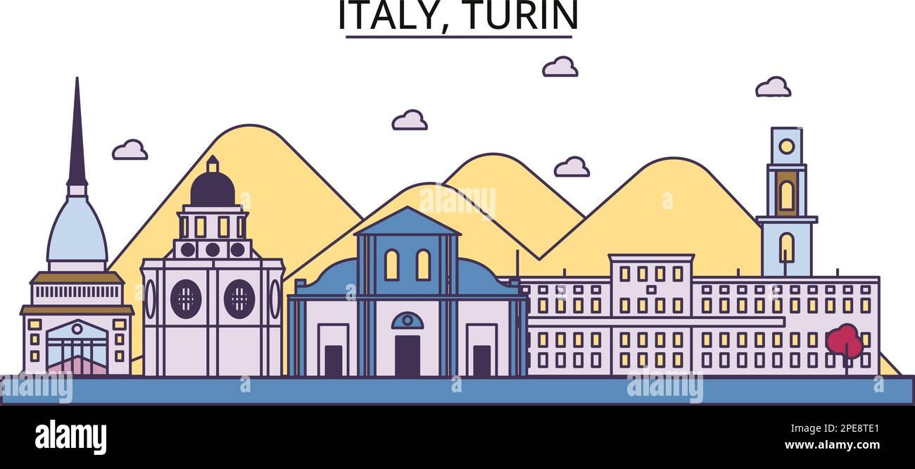 Italy, Turin tourism landmarks, vector city travel illustration Stock ...