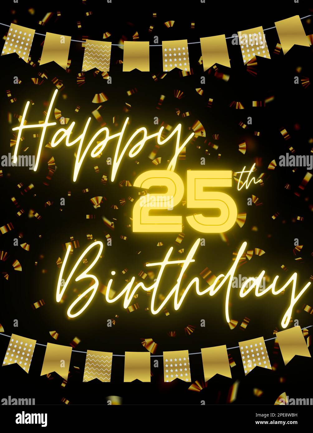 HAPPY 25th BIRTHDAY Black gold golden card invitation for celebration ...