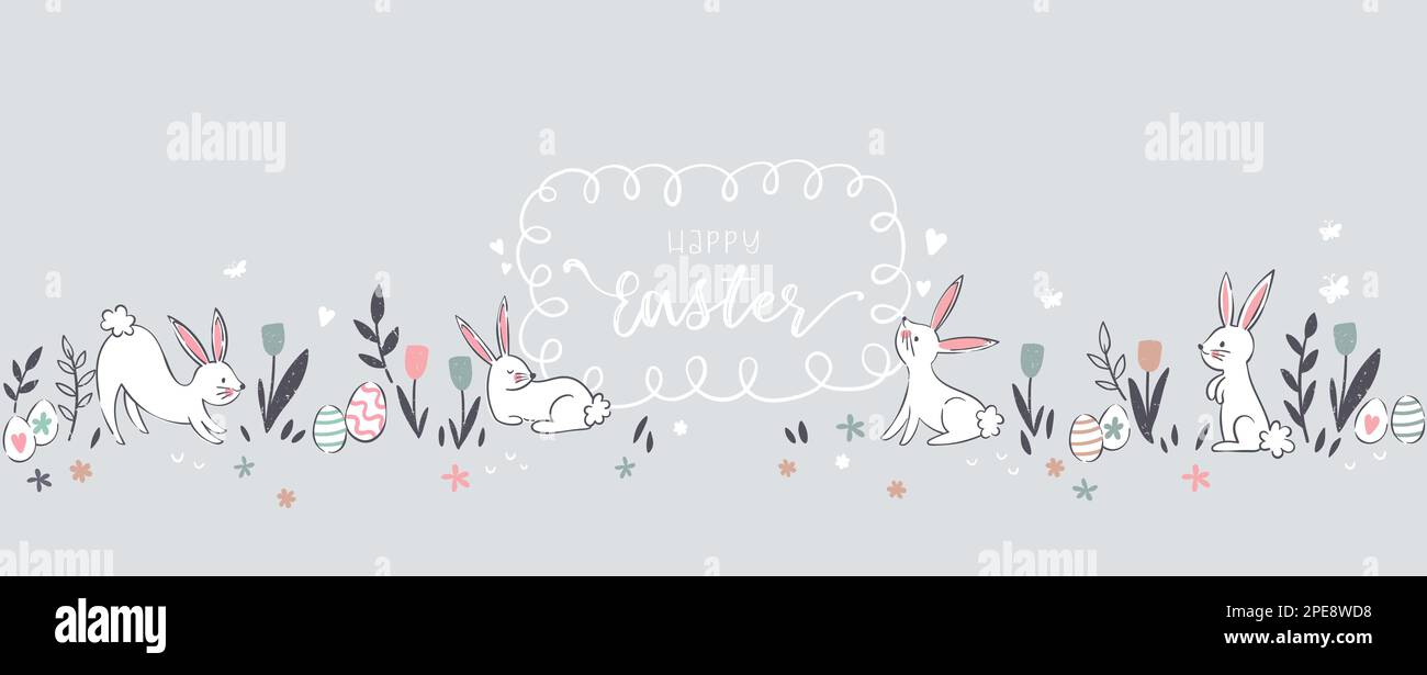 Cute hand drawn easter bunnies horizontal seamless pattern, easter ...