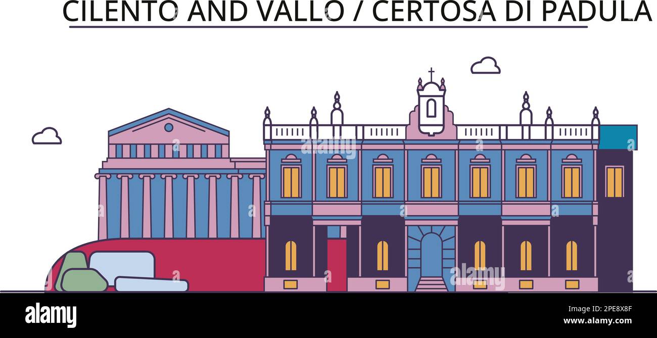 Italy, Padula tourism landmarks, vector city travel illustration Stock ...