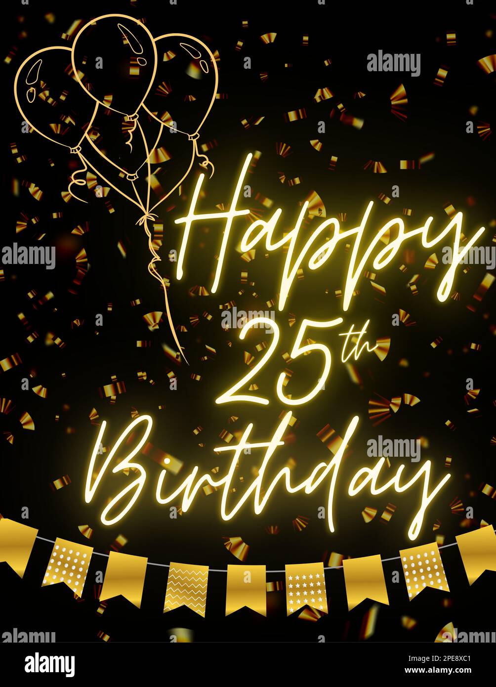 HAPPY 25TH BIRTHDAY Black gold golden card invitation for celebration ...