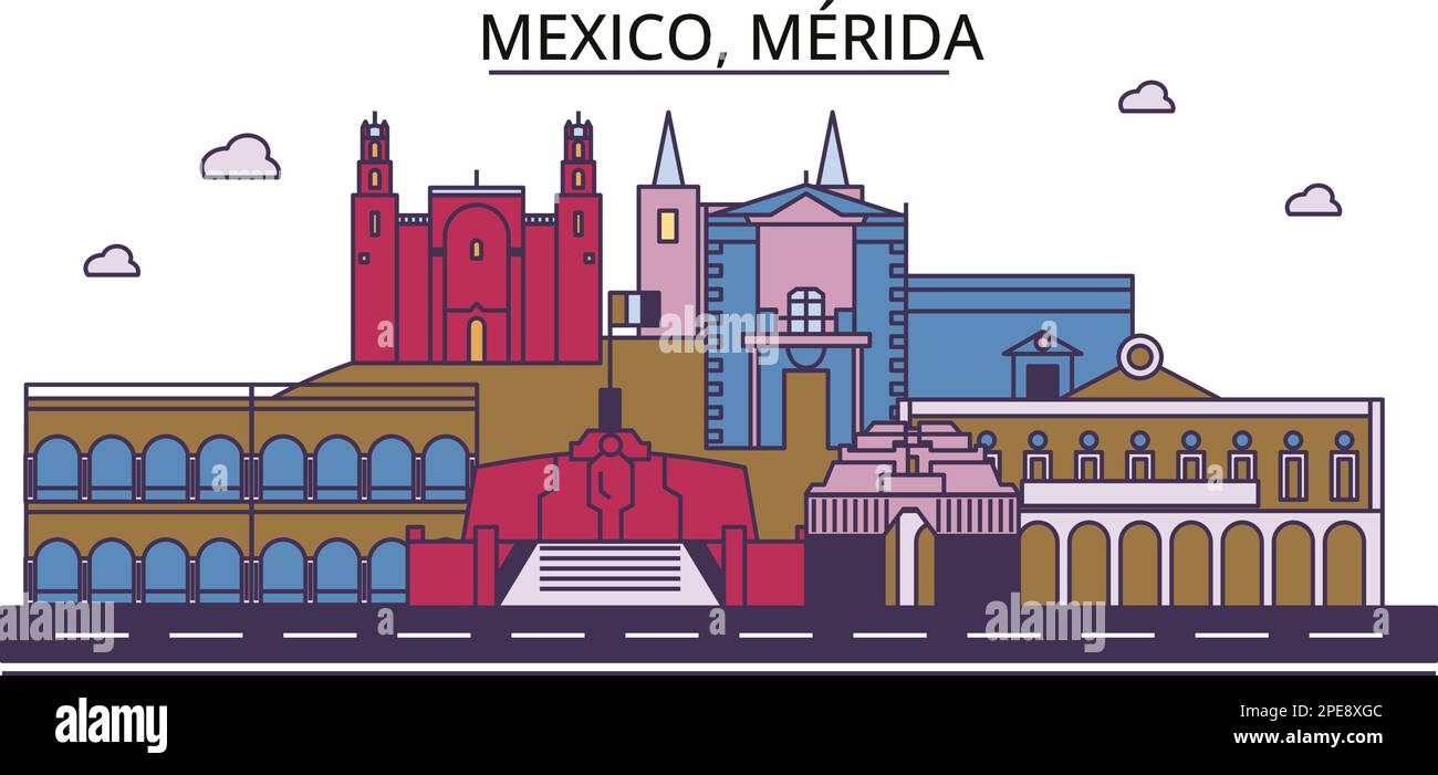 Mexico, Merida tourism landmarks, vector city travel illustration Stock ...
