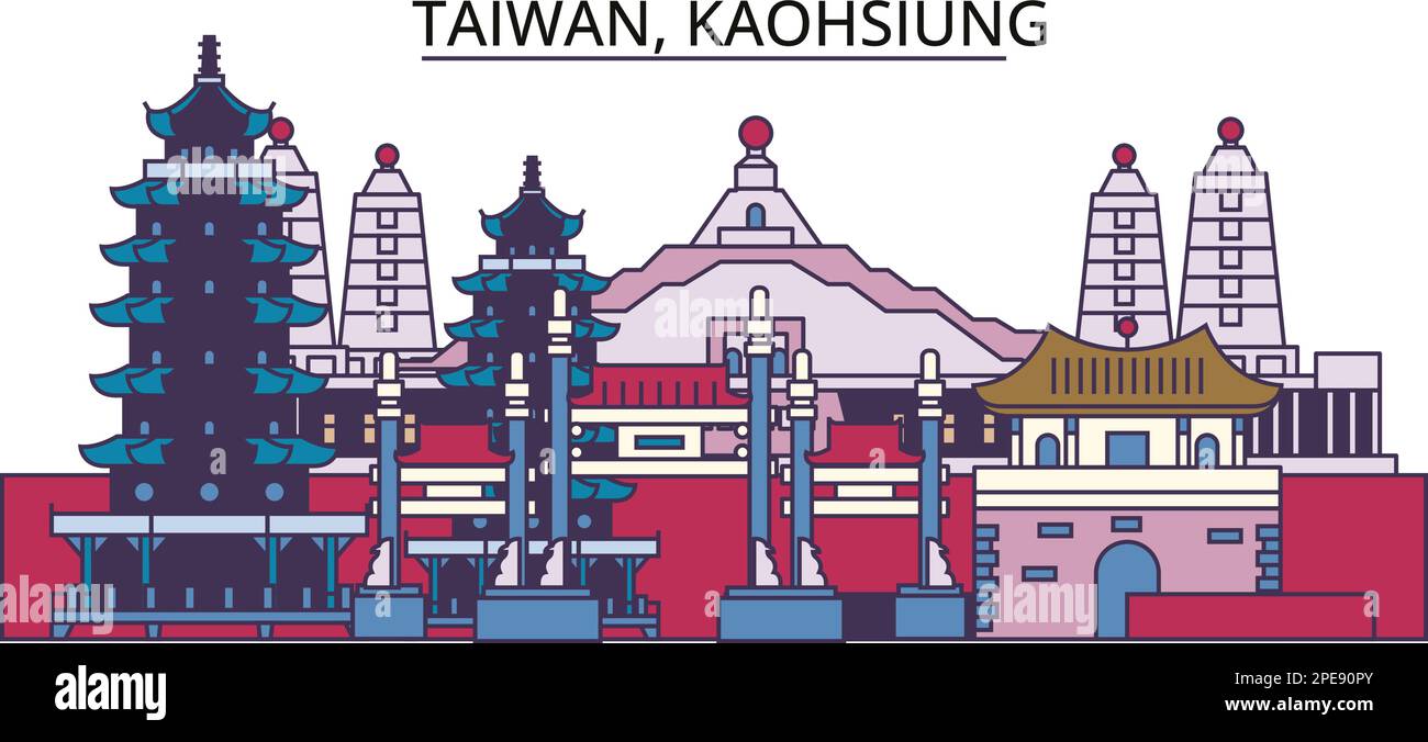 Taiwan, Kaohsiung tourism landmarks, vector city travel illustration ...