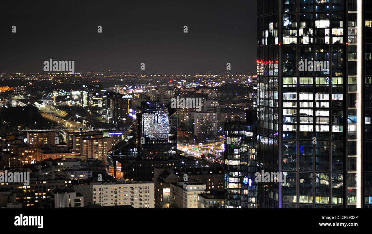 View of at night glass buildings and modern business skyscrapers,. View ...