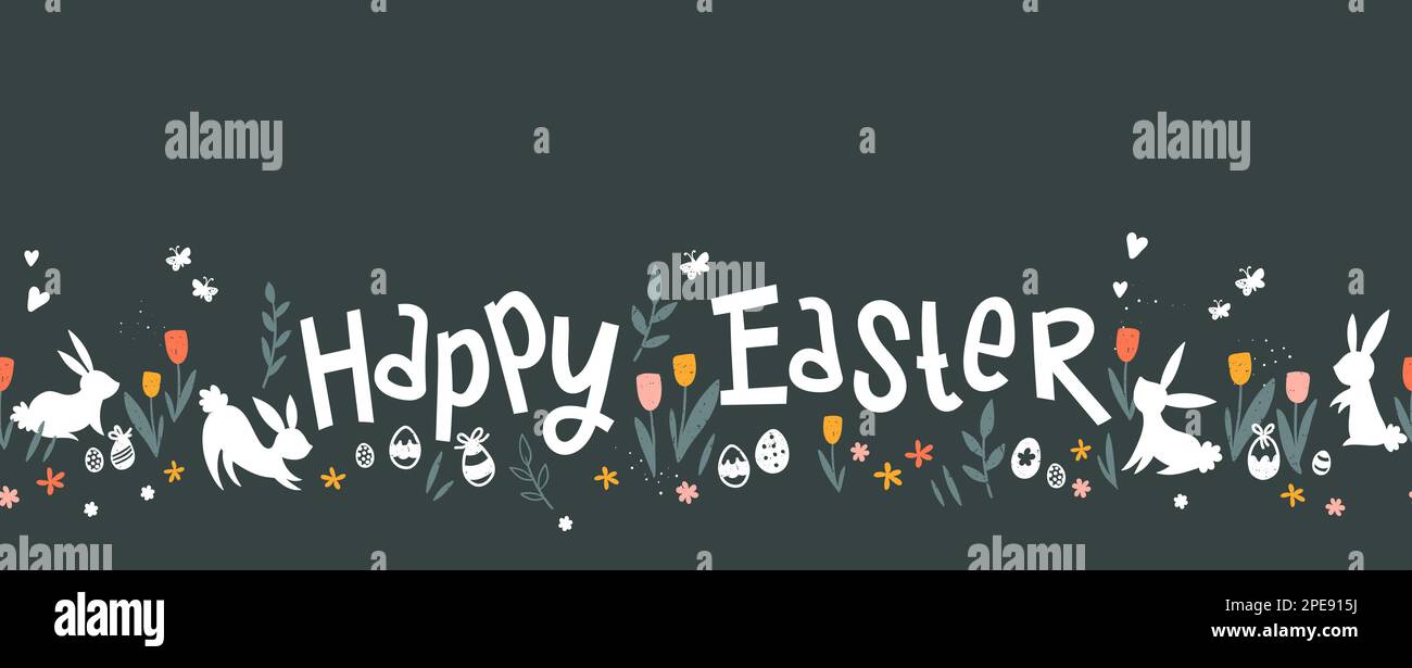 Cute hand drawn easter bunnies horizontal seamless pattern, easter doodle background, great for ...