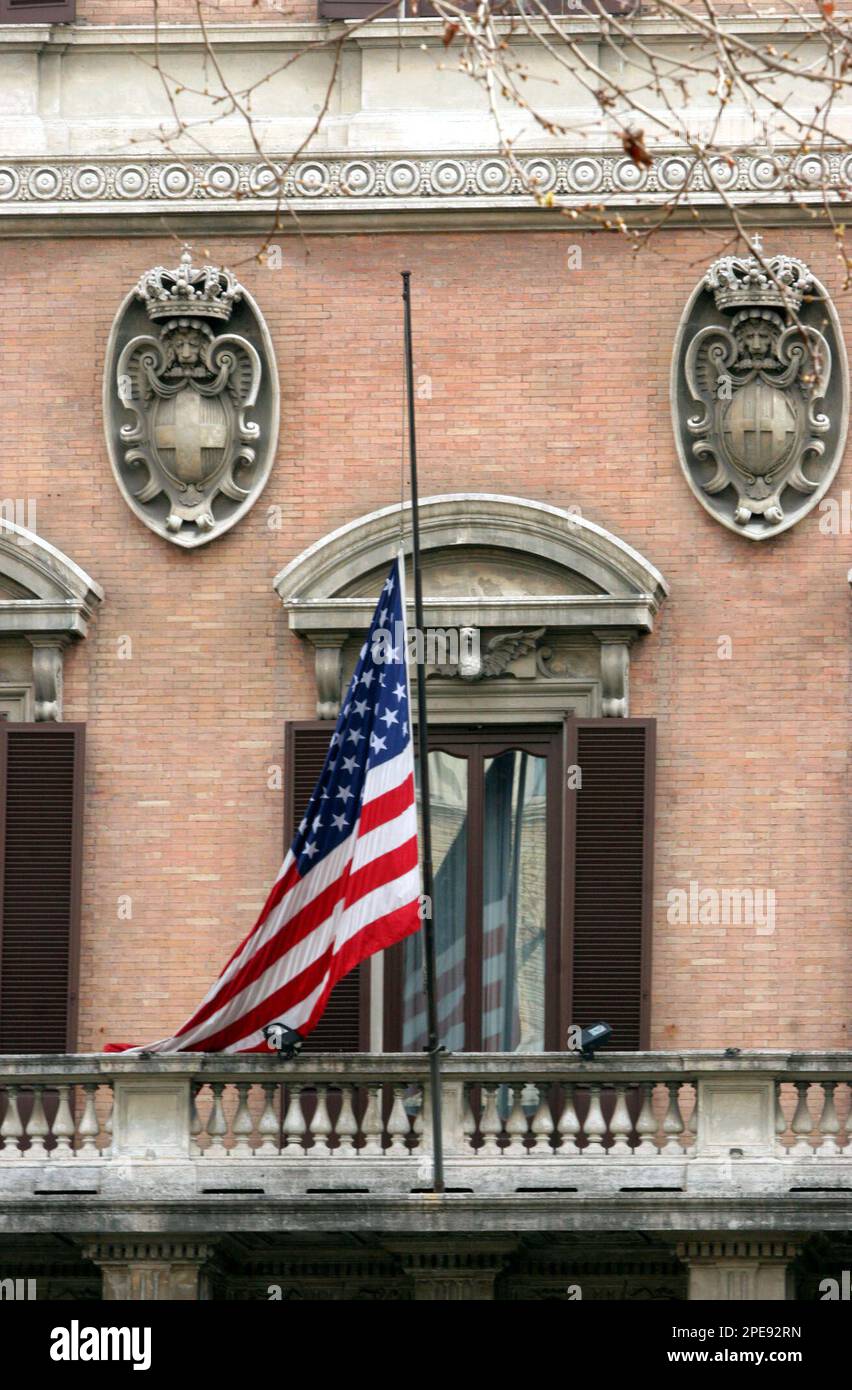 The U.S. flag is flying at half staff outside the U.S. Embassy in Rome ...