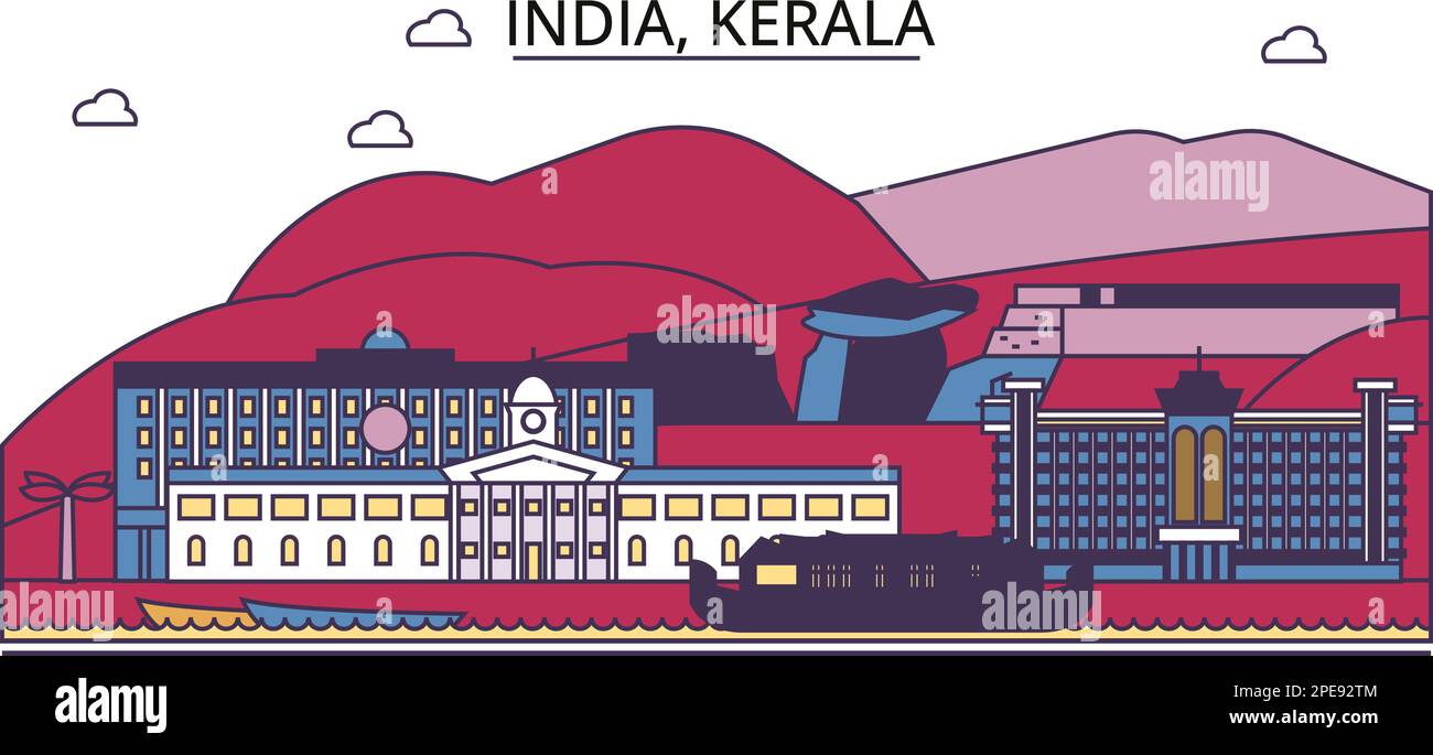 India, Kerala tourism landmarks, vector city travel illustration Stock ...