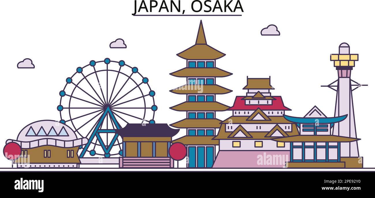 Japan, Osaka tourism landmarks, vector city travel illustration Stock ...