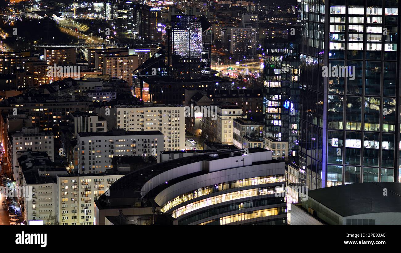 View of at night glass buildings and modern business skyscrapers,. View ...