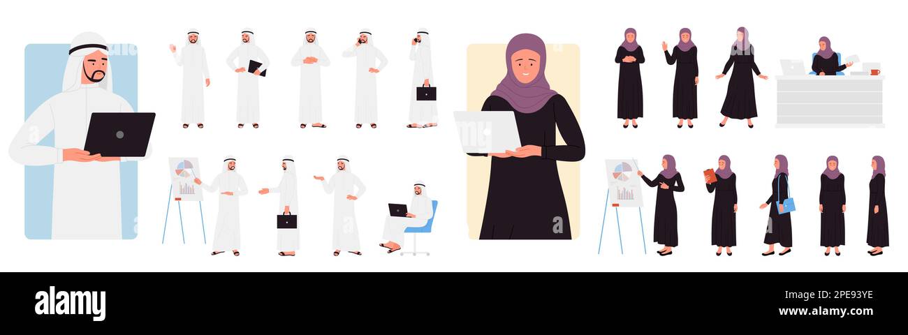 Arab business people poses set vector illustration. Cartoon isolated ...