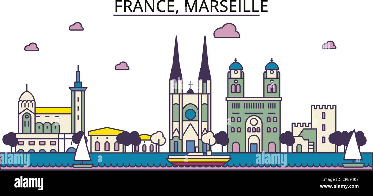 France, Marseille tourism landmarks, vector city travel illustration ...