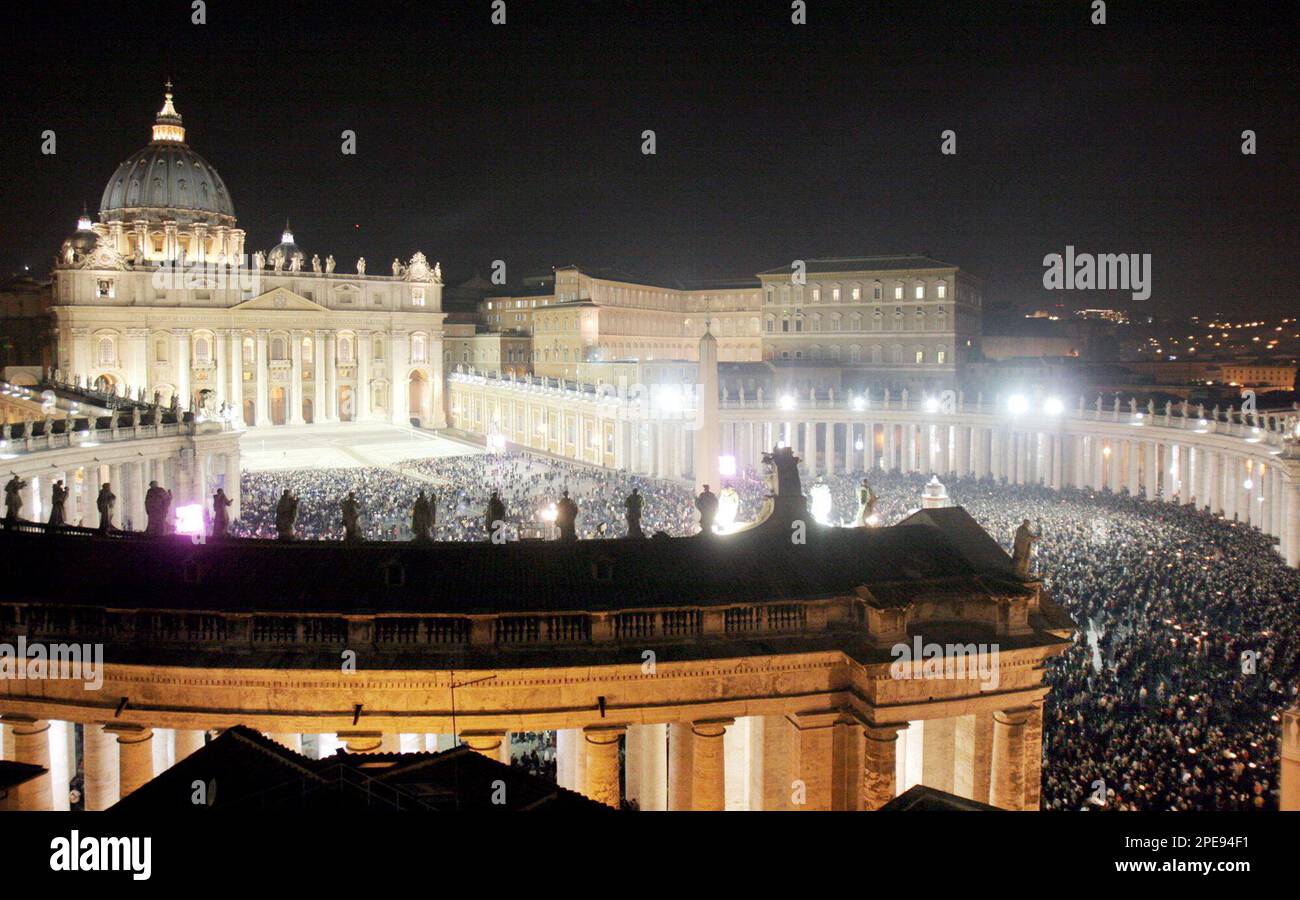 A view of people filling St. Peter Square at the Vatican with the ...