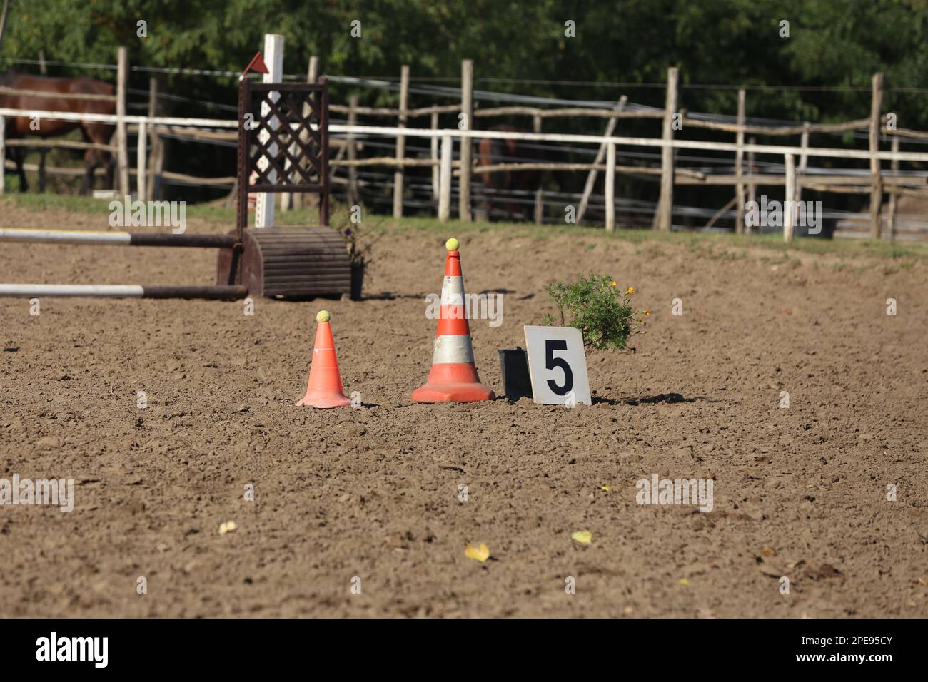 Obstacles and buoys in the sand in an empty equestrian center Stock ...