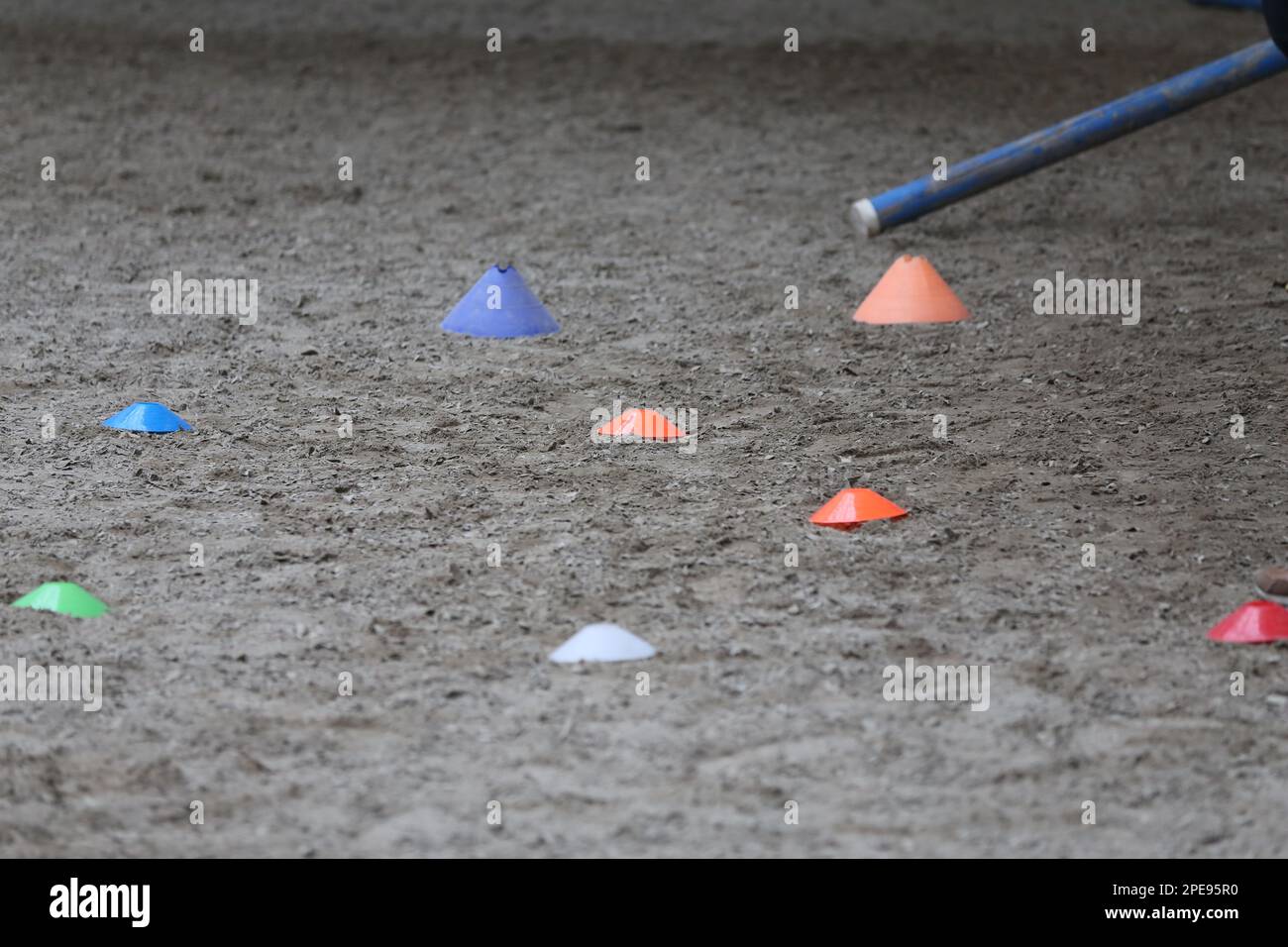 Obstacles and buoys in the sand in an empty equestrian center Stock ...