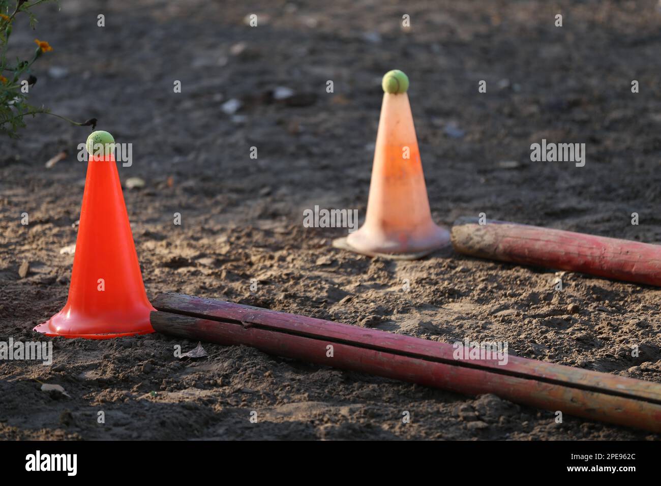 Obstacles and buoys in the sand in an empty equestrian center Stock ...