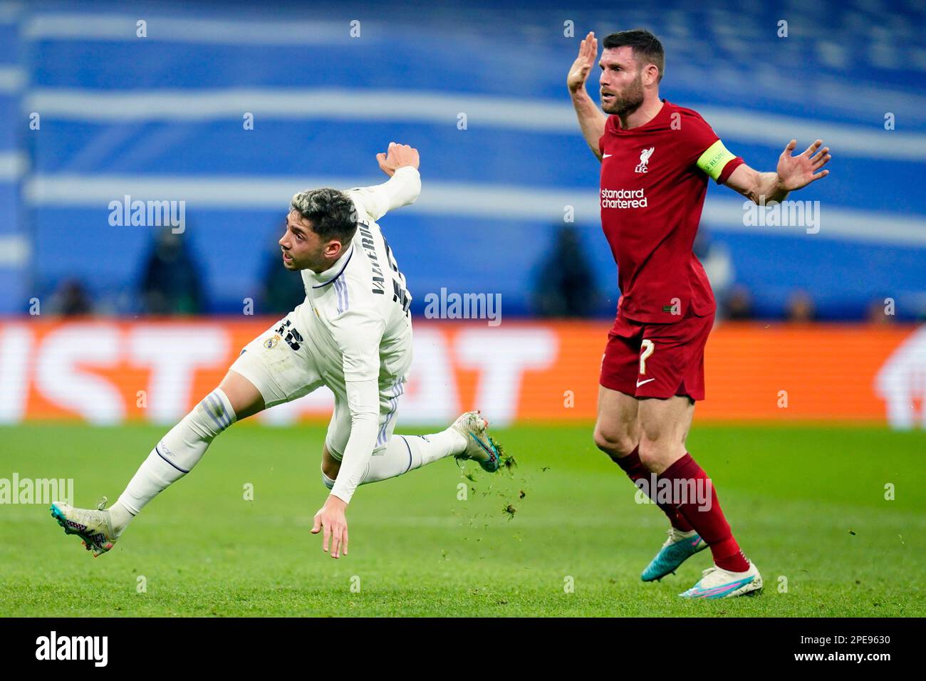 Madrid, Spain. 15th Mar, 2023. Fede Valverde of Real Madrid and James ...