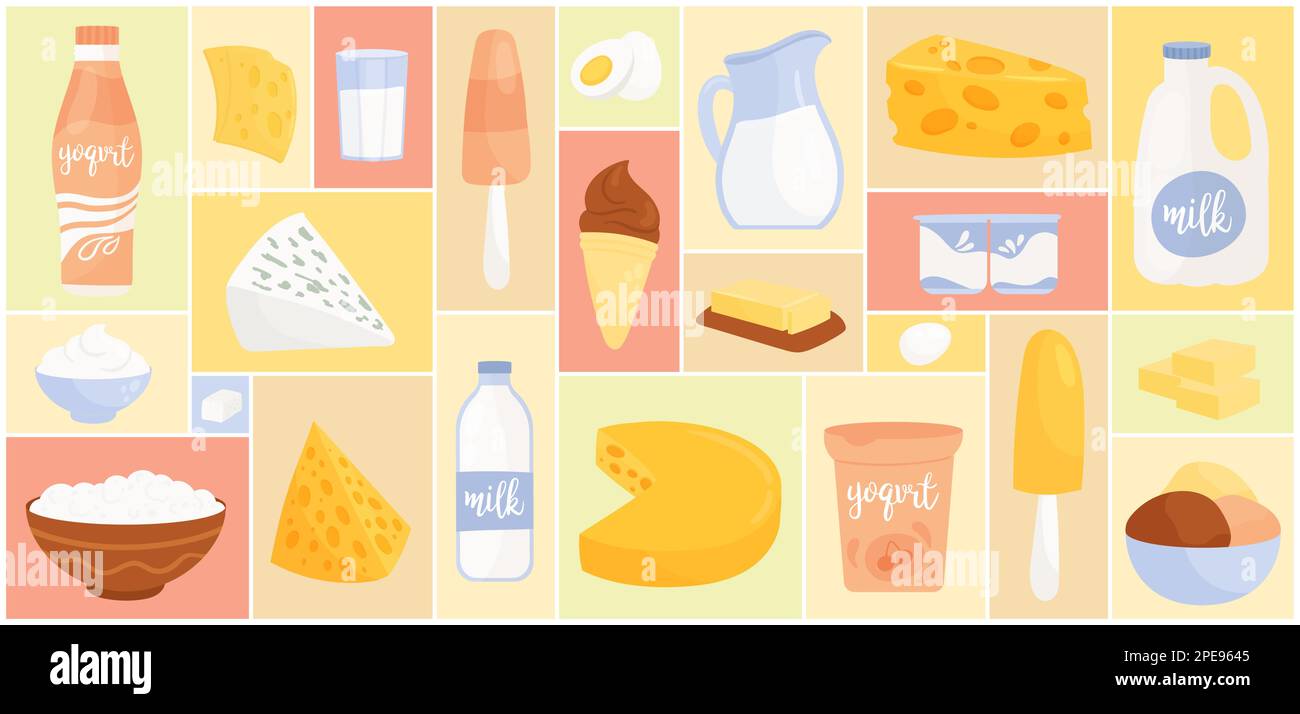 Cartoon milk in bottle and glass, package with fresh yoghurt, cottage ...