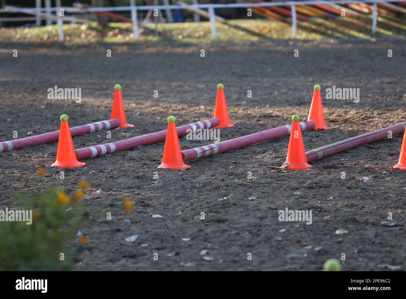 Obstacles and buoys in the sand in an empty equestrian center Stock ...
