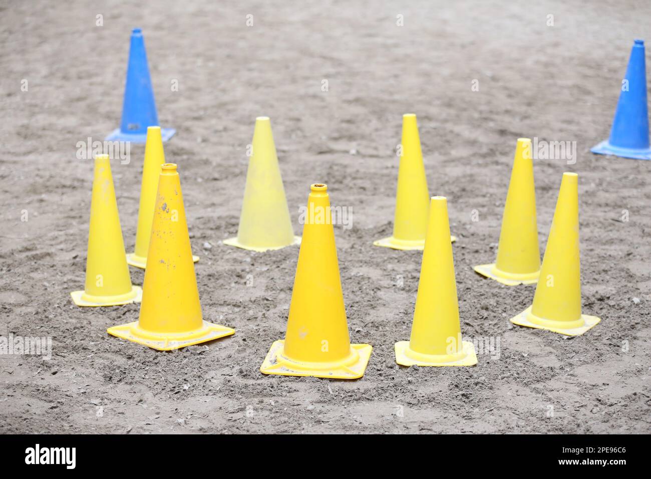 Obstacles and buoys in the sand in an empty equestrian center Stock ...