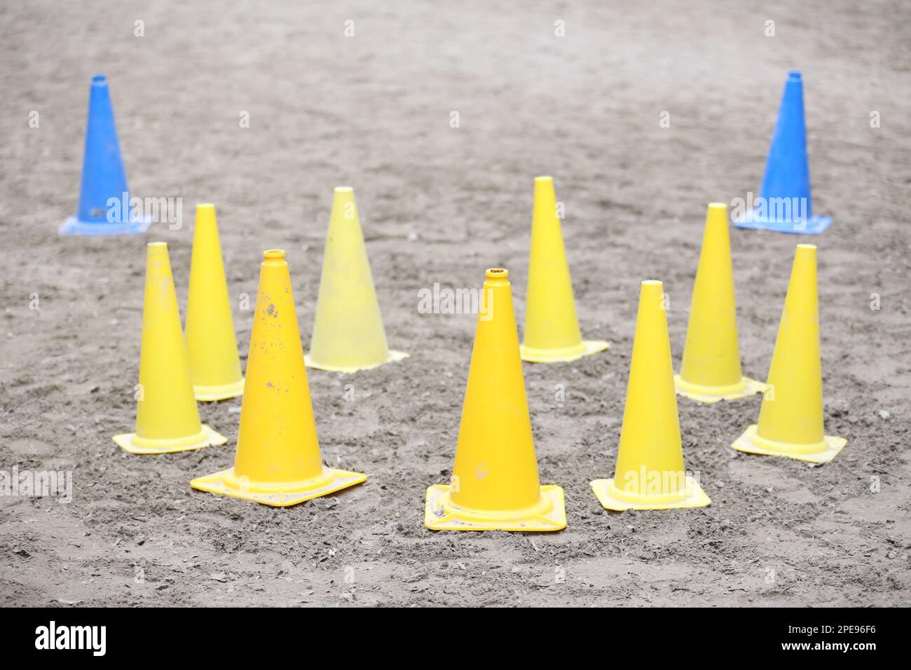 Obstacles and buoys in the sand in an empty equestrian center Stock ...