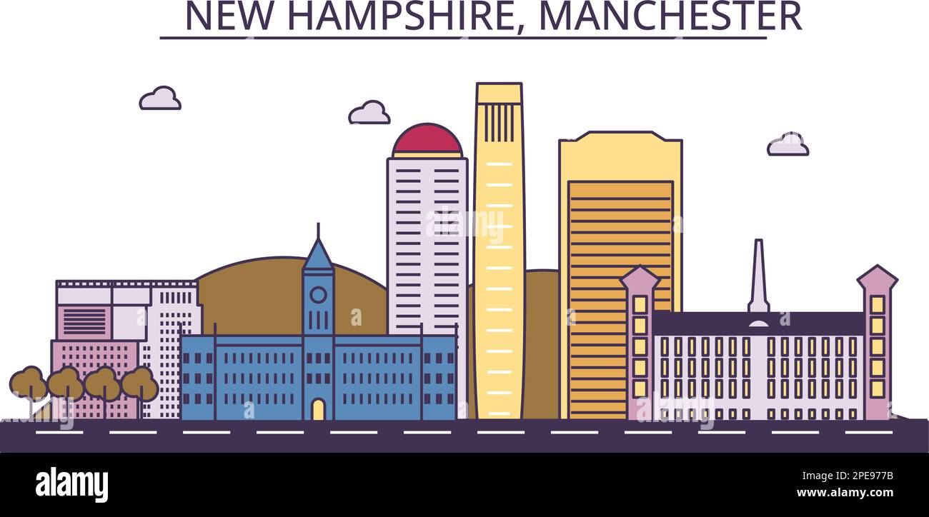 United States, Manchester tourism landmarks, vector city travel ...