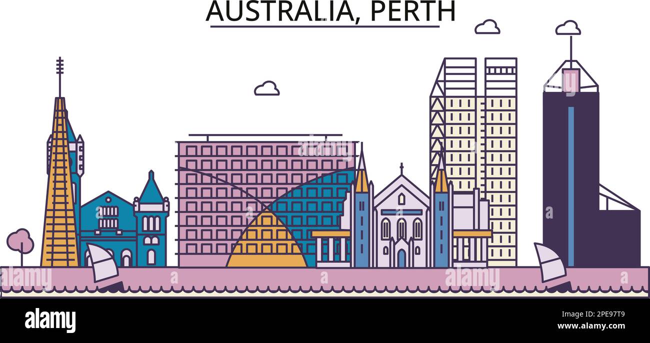 Australia, Perth tourism landmarks, vector city travel illustration ...
