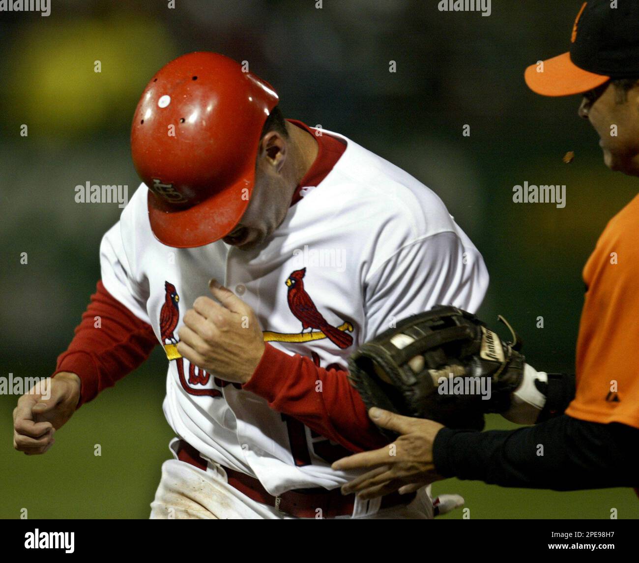 Baltimore Orioles first baseman Rafael Palmeiro, right, tags out St ...
