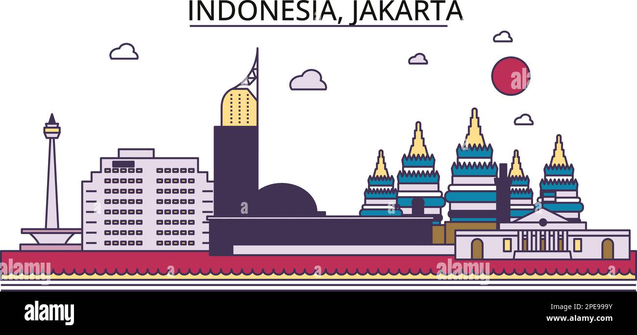 Indonesia, Jakarta tourism landmarks, vector city travel illustration ...