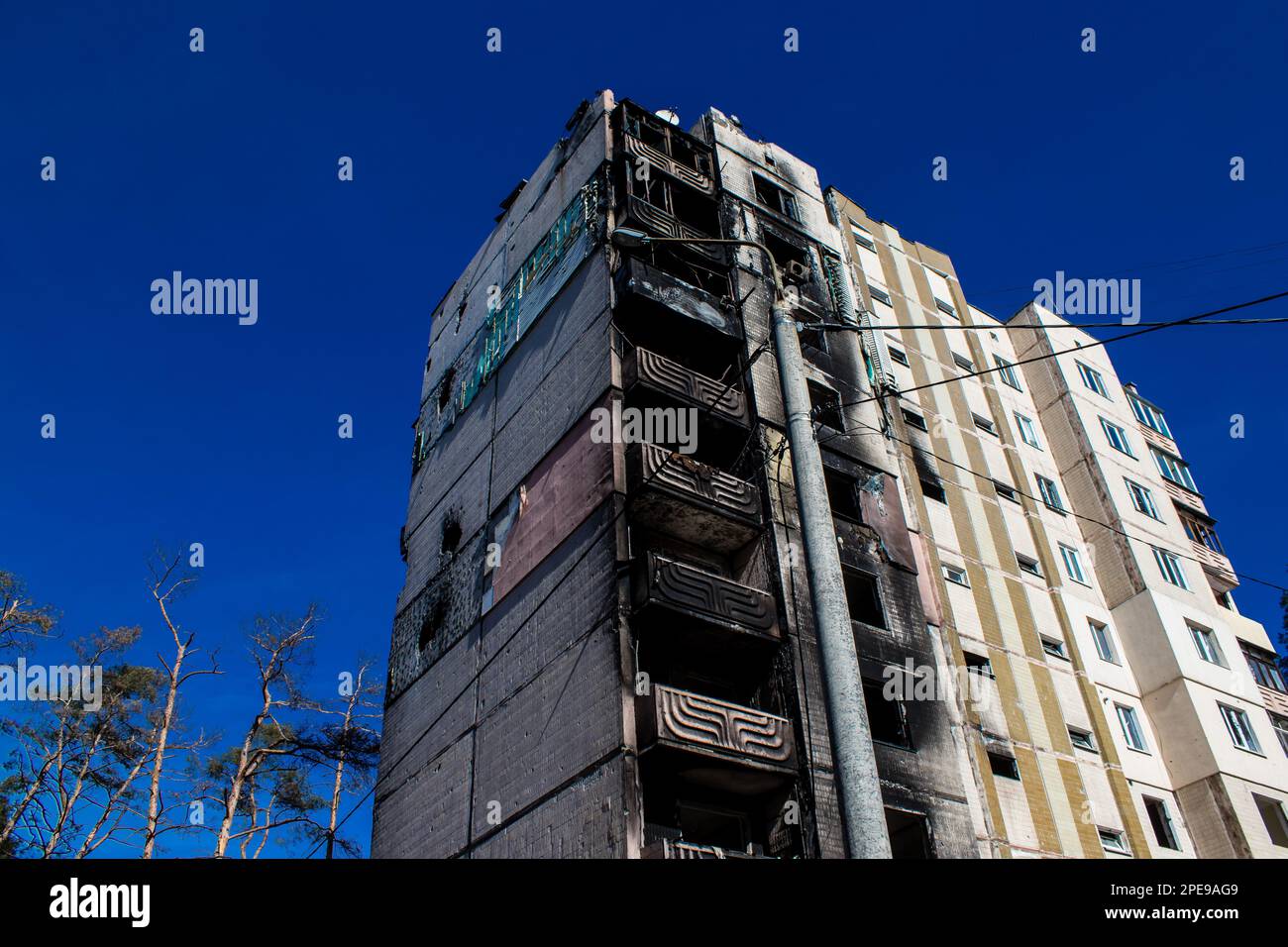 Facade of a building that burned down following artillery fire. Most ...