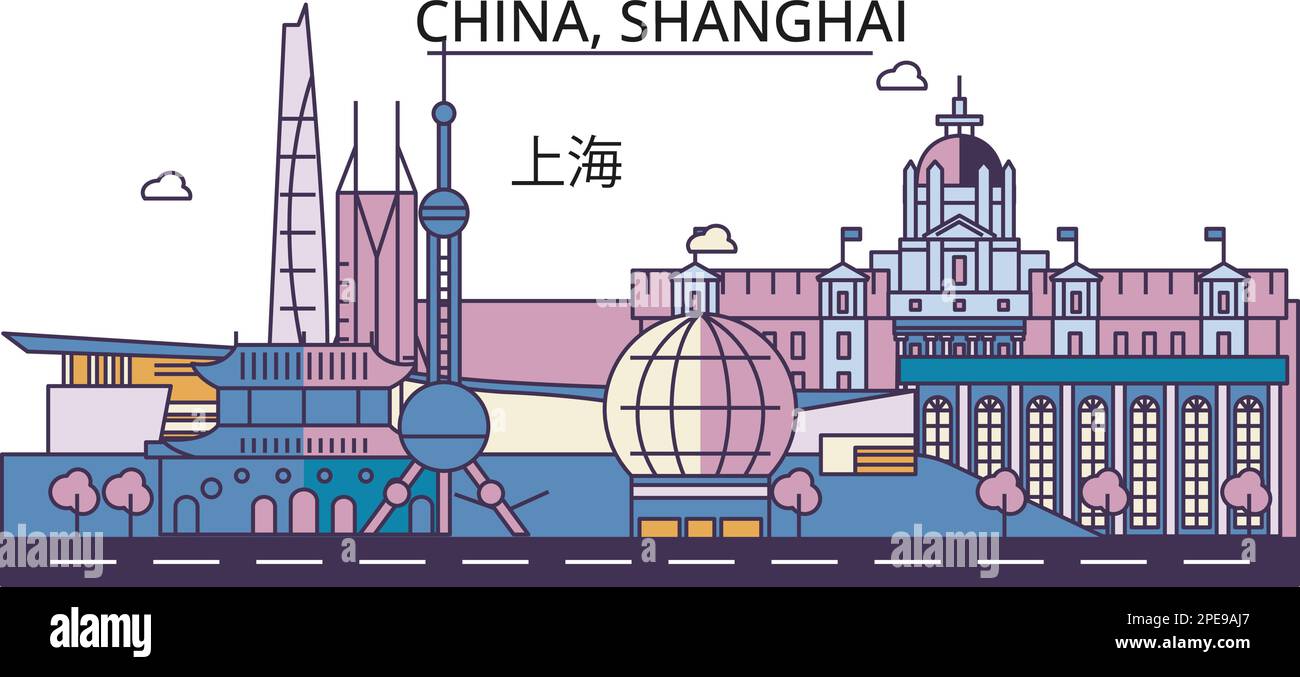 China, Shanghai tourism landmarks, vector city travel illustration ...