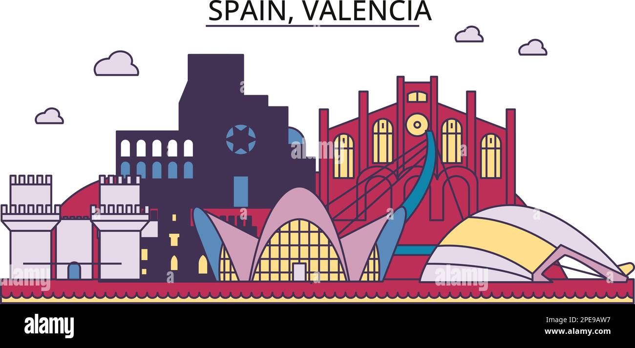 Spain, Valencia tourism landmarks, vector city travel illustration ...